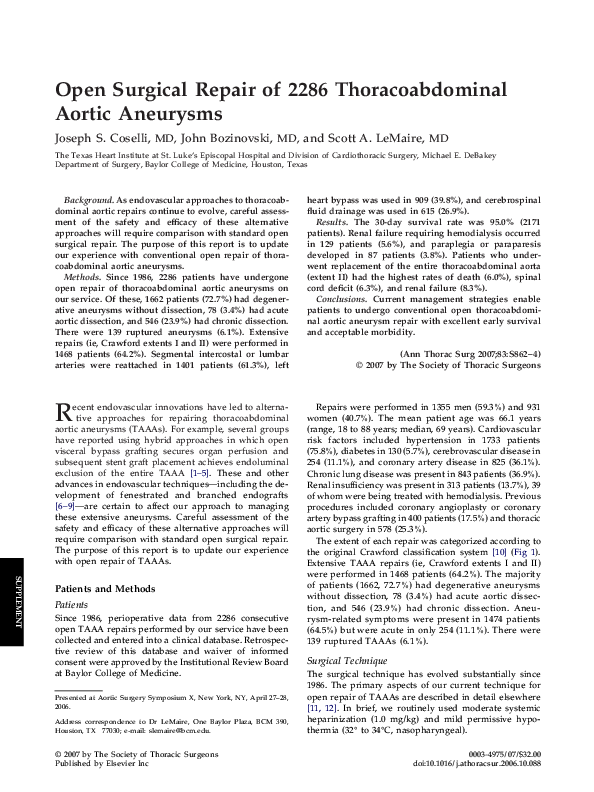 (PDF) Open Surgical Repair of 2286 Thoracoabdominal Aortic Aneurysms