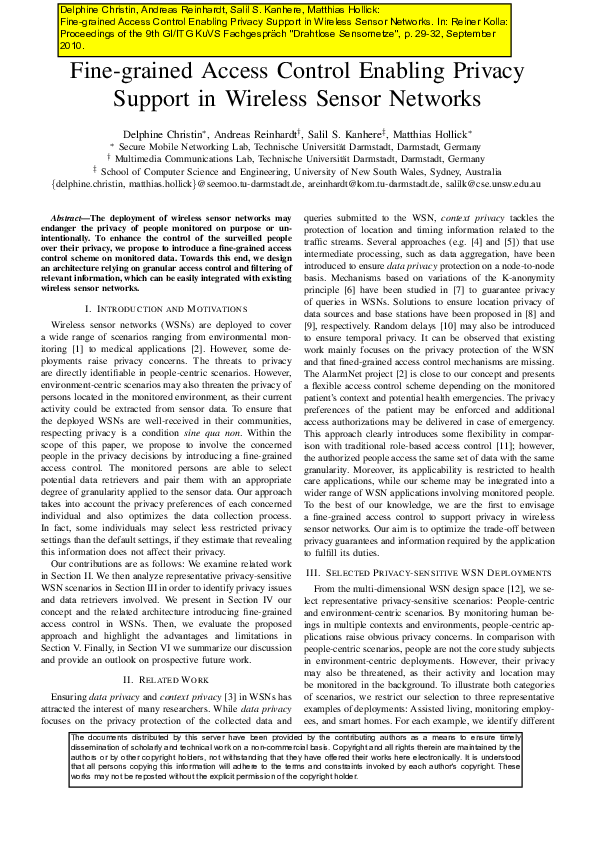 (PDF) Fine-grained Access Control Enabling Privacy Support in Wireless Sensor Networks