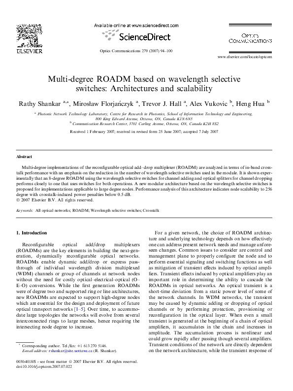 Pdf Multi Degree Roadm Based On Wavelength Selective Switches Architectures And Scalability