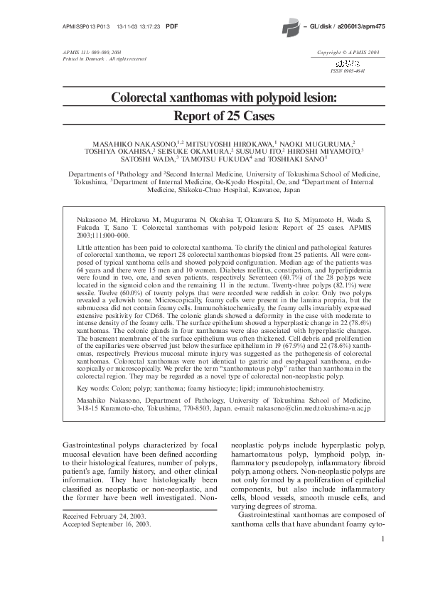 (PDF) Colorectal xanthomas with polypoid lesion: Report of 25 cases