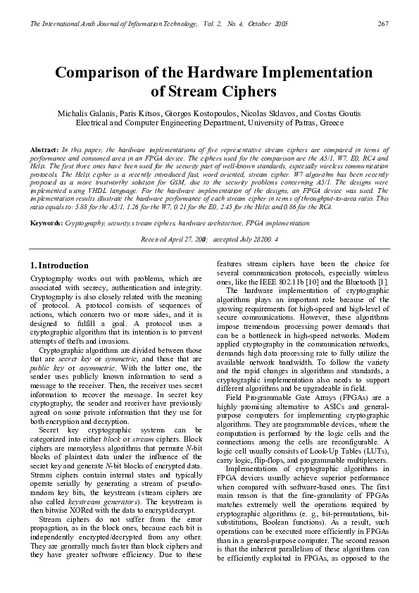 (PDF) Comparison of the hardware architectures and FPGA implementations of stream ciphers