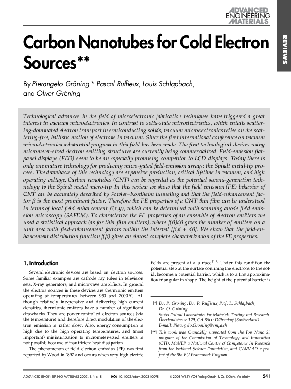 (PDF) Carbon Nanotubes for Cold Electron Sources