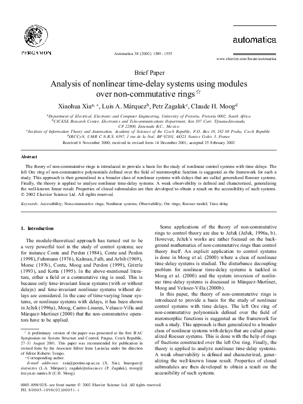 Pdf Analysis Of Nonlinear Time Delay Systems Using Modules Over Non Commutative Rings