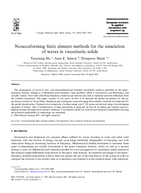 Pdf Nonconforming Finite Element Methods For The Simulation Of Waves In Viscoelastic Solids