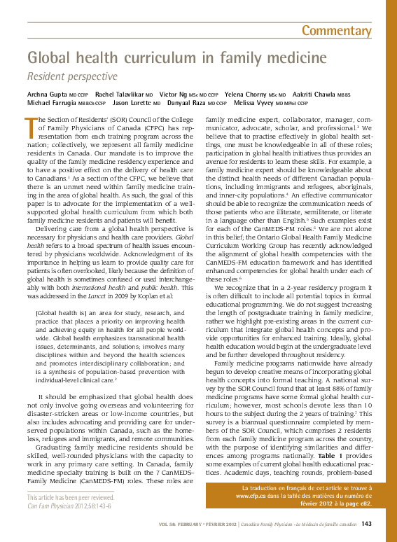 (PDF) Global health curriculum in family medicine: resident perspective
