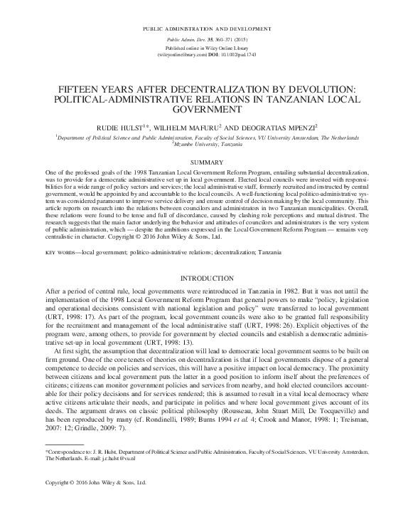 (PDF) FIFTEEN YEARS AFTER DECENTRALIZATION BY DEVOLUTION: POLITICAL-ADMINISTRATIVE RELATIONS IN ...