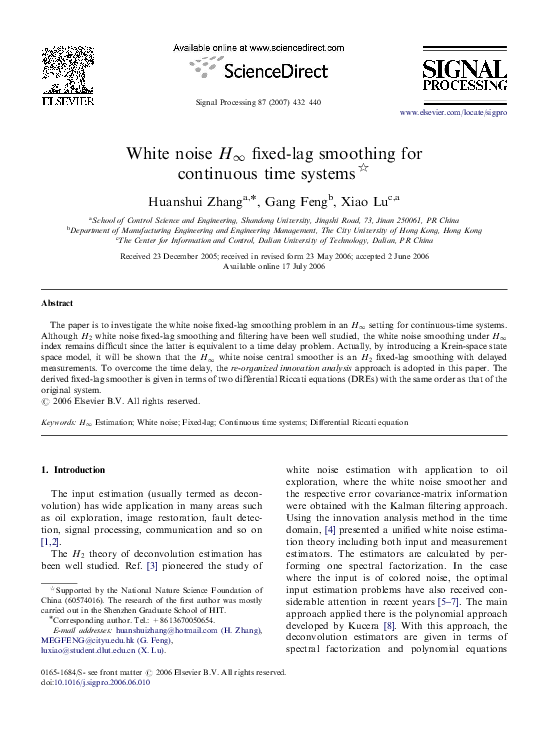 (PDF) White noise H ∞ fixed-lag smoothing for continuous time systems