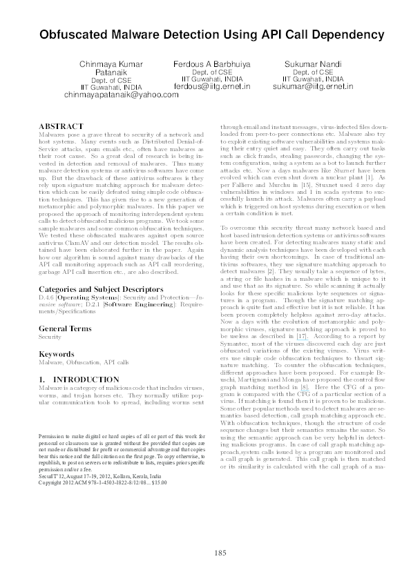 (PDF) Obfuscated malware detection using API call dependency
