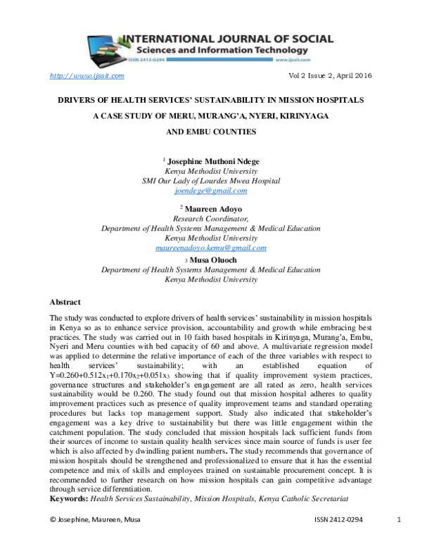 (PDF) DRIVERS OF HEALTH SERVICES' SUSTAINABILITY IN MISSION HOSPITALS A CASE STUDY OF MERU ...