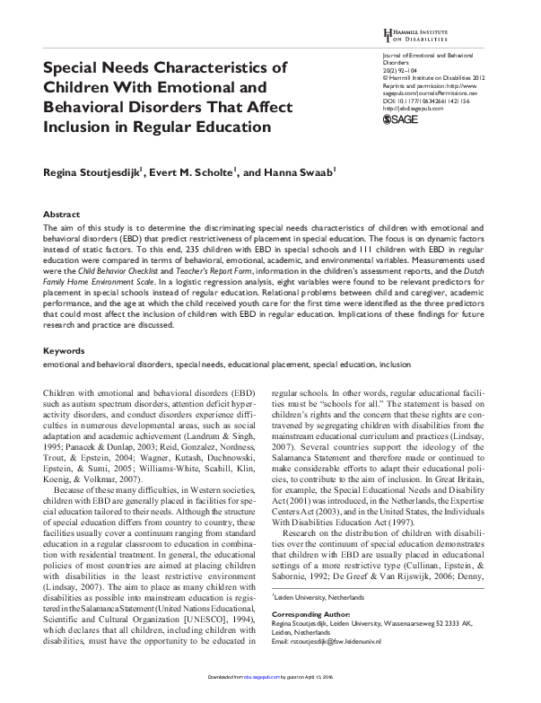 (PDF) Special Needs Characteristics of Children With Emotional and ...