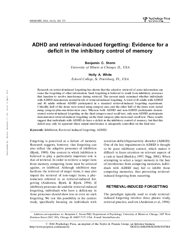 (PDF) ADHD and retrieval-induced forgetting: Evidence for a deficit in the inhibitory control of ...