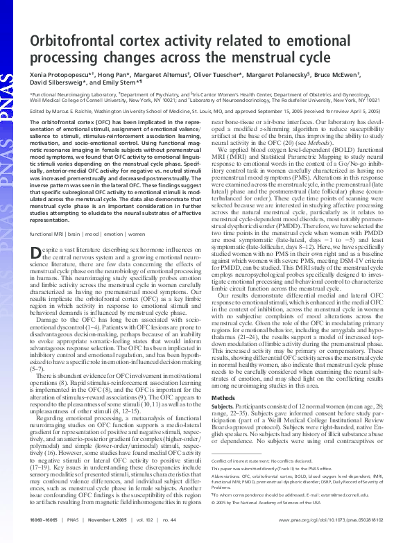 (PDF) Orbitofrontal cortex activity related to emotional processing changes across the menstrual ...