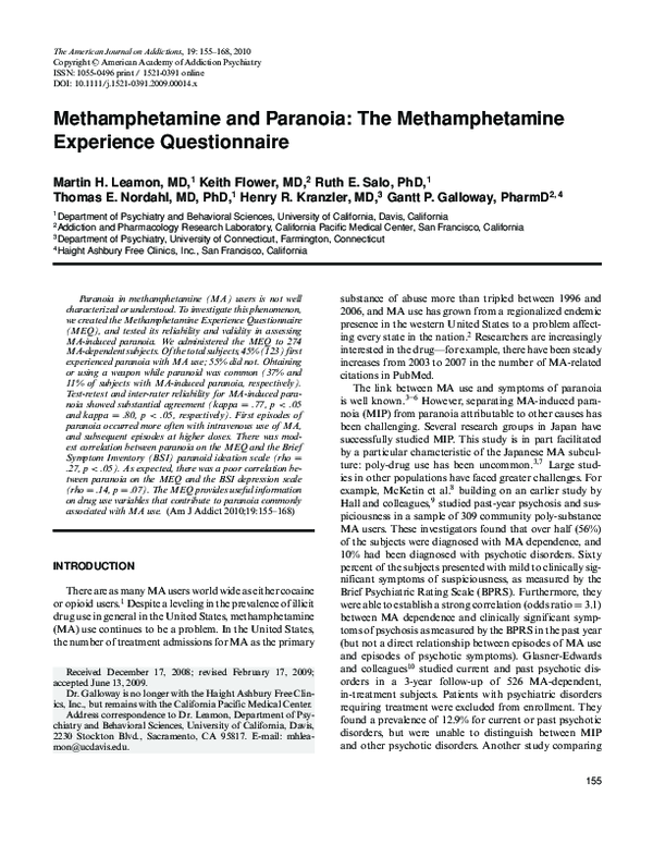 (PDF) Methamphetamine and Paranoia: The Methamphetamine Experience ...