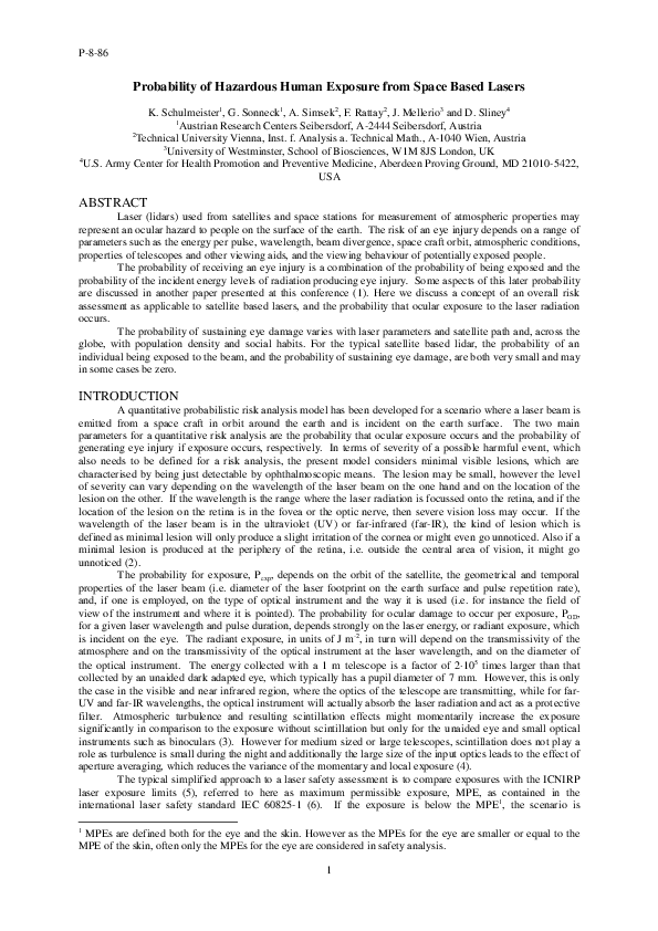 (PDF) Probability of Hazardous Human Exposure from Space Based Lasers ...