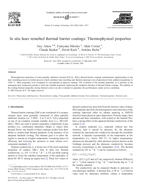 (PDF) In situ laser remelted thermal barrier coatings: Thermophysical properties
