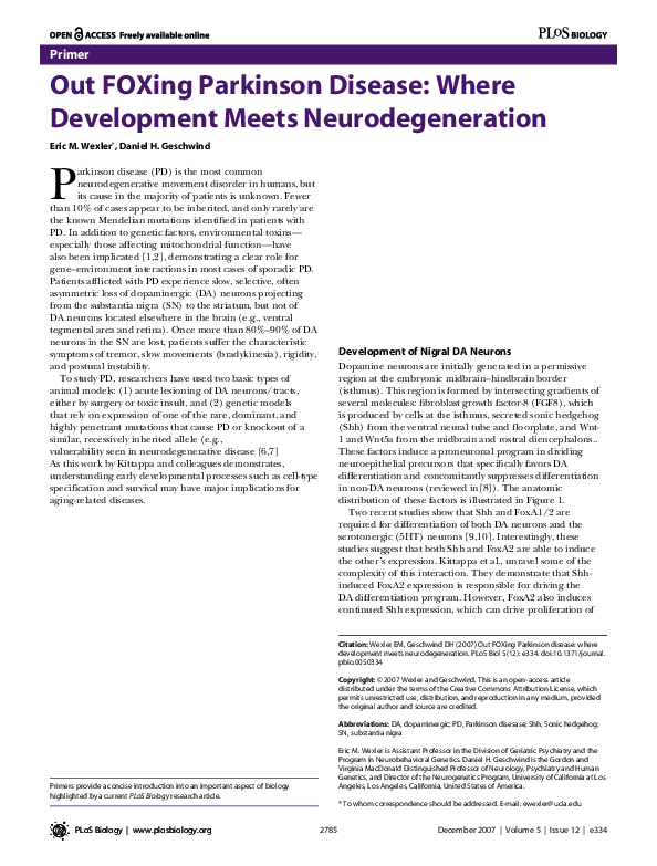 (PDF) Out FOXing Parkinson Disease: Where Development Meets ...