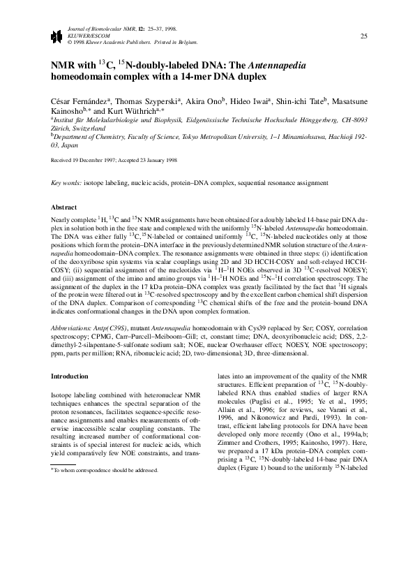 (PDF) NMR with (13)C, (15)N-doubly-labeled DNA: The shape Antennapedia ...