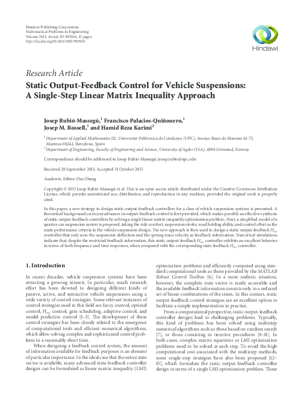 Pdf Static Output Feedback Control For Vehicle Suspensions A Single Step Linear Matrix