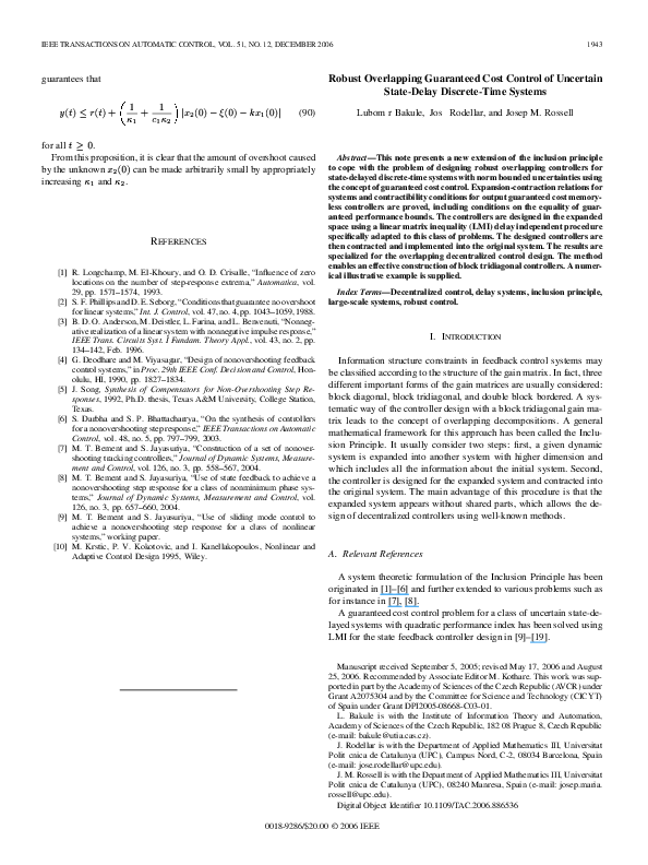 (PDF) Robust Overlapping Guaranteed Cost Control of Uncertain State-Delay Discrete-Time Systems