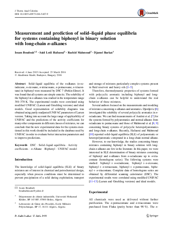 (PDF) Measurement and prediction of solid–liquid phase equilibria for ...