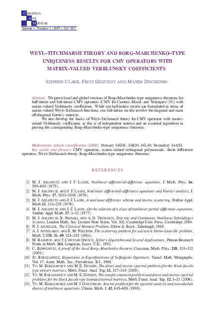 (PDF) Weyl-Titchmarsh theory and Borg-Marchenko-type uniqueness results for CMV operators with ...
