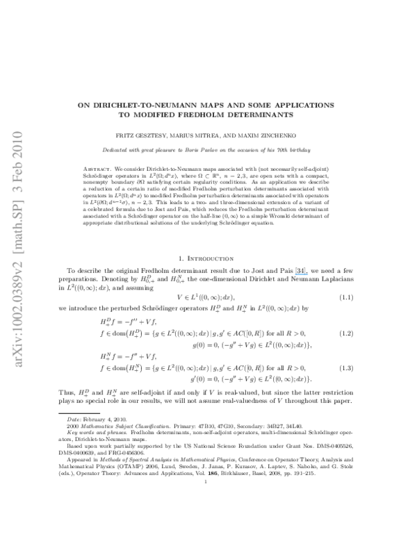 (PDF) On Dirichlet-to-Neumann Maps and Some Applications to Modified Fredholm Determinants