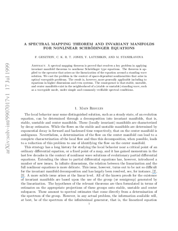 Pdf A Spectral Mapping Theorem And Invariant Manifolds For Nonlinear Schrodinger Equations