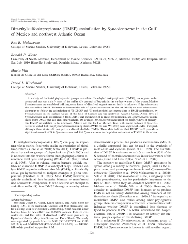 (PDF) Dimethylsulfoniopropionate (DMSP) assimilation by Synechococcus ...