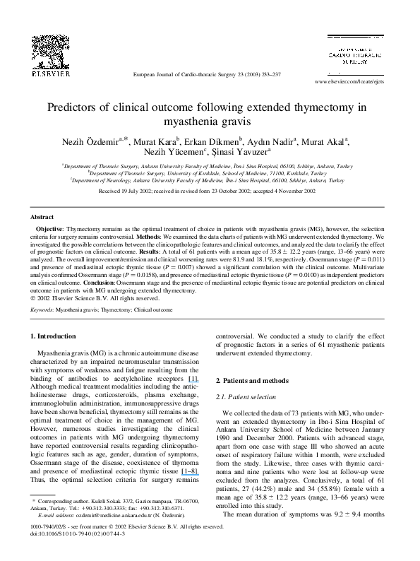 (PDF) Predictors of clinical outcome following extended thymectomy in myasthenia gravis