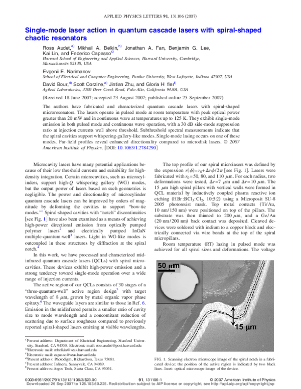 (PDF) Single-mode laser action in quantum cascade lasers with spiral ...