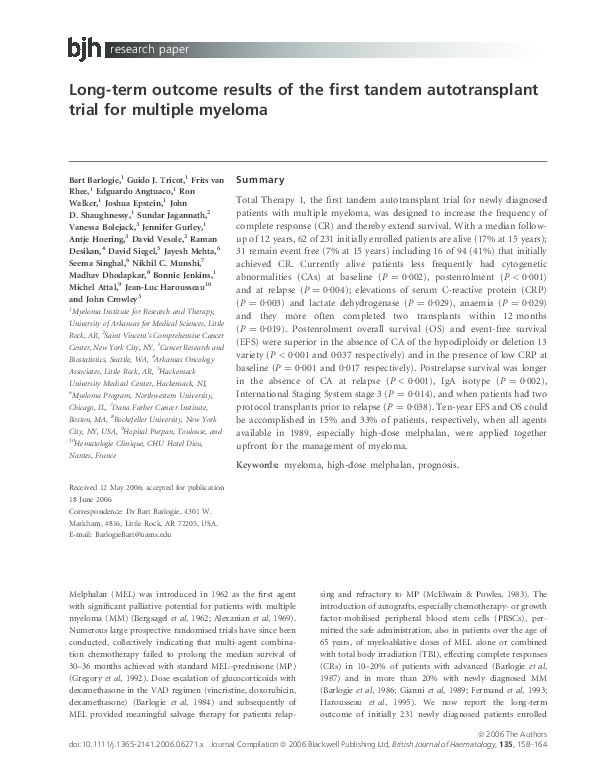 (PDF) Long-term outcome results of the first tandem autotransplant ...