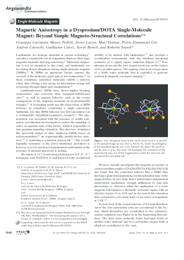 (PDF) Magnetic Anisotropy in a Dysprosium/DOTA Single-Molecule Magnet: Beyond Simple Magneto ...