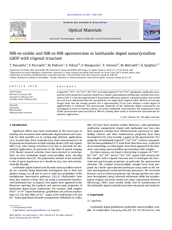 (PDF) NIR-to-visible and NIR-to-NIR upconversion in lanthanide doped nanocrystalline GdOF with ...