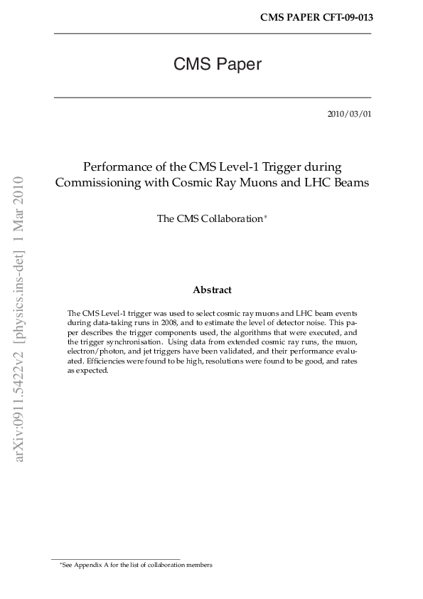 (PDF) Performance of the CMS Level-1 trigger during commissioning with cosmic ray muons and LHC ...