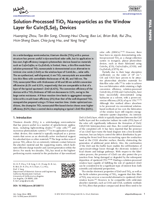(PDF) Solution-Processed TiO2Nanoparticles as the Window Layer for CuIn ...