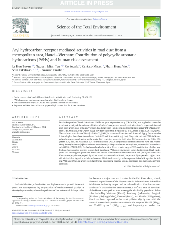 (PDF) Aryl hydrocarbon receptor mediated activities in road dust from a metropolitan area, Hanoi ...