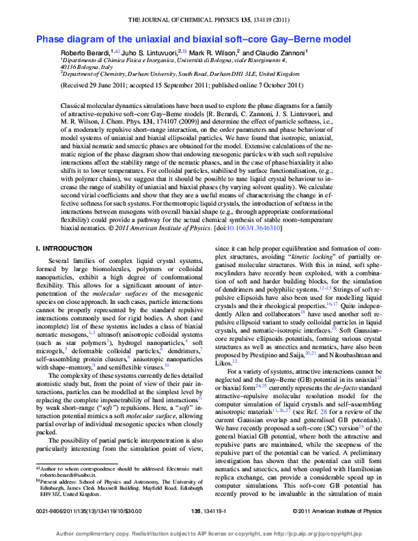 (PDF) Phase diagram of the uniaxial and biaxial soft–core Gay–Berne model