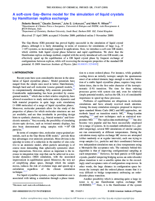 (PDF) A soft-core Gay–Berne model for the simulation of liquid crystals ...