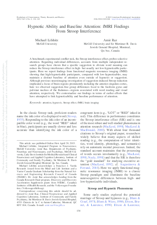 (PDF) Hypnotic Ability and Baseline Attention: fMRI Findings From Stroop Interference
