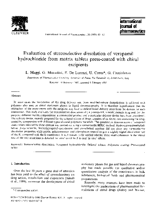 Pdf Evaluation Of Stereoselective Dissolution Of Verapamil Hydrochloride From Matrix Tablets
