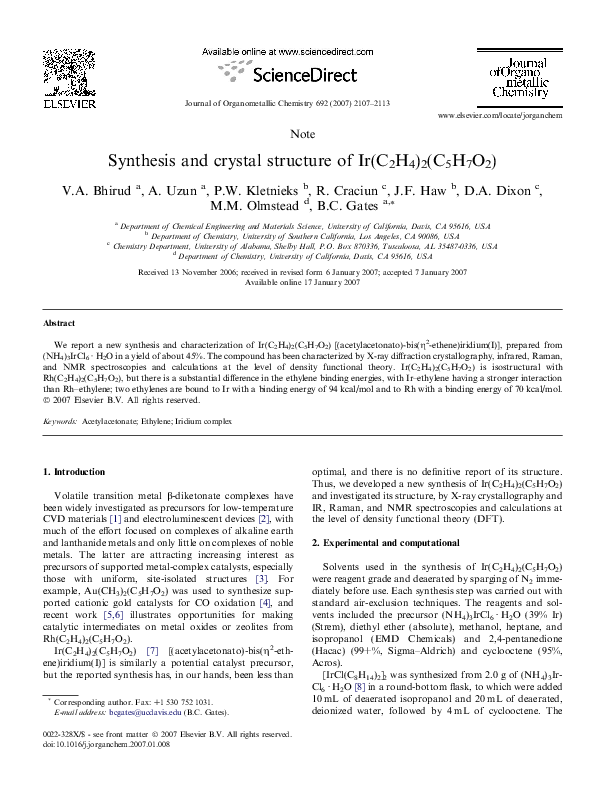 (PDF) Synthesis and crystal structure of Ir(C2H4)2(C5H7O2)