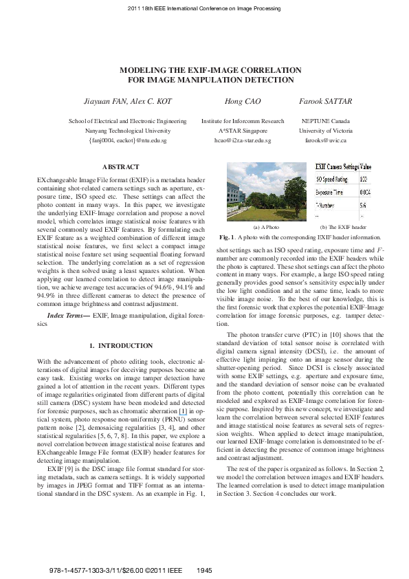 (PDF) Modeling the EXIF-Image correlation for image manipulation detection