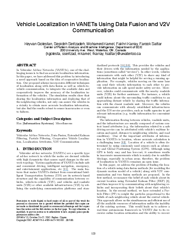 (PDF) Vehicle localization in VANETs using data fusion and V2V communication