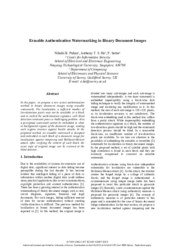 (PDF) Erasable authentication watermarking in binary document images