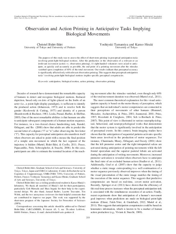 (PDF) Observation and action priming in anticipative tasks implying ...