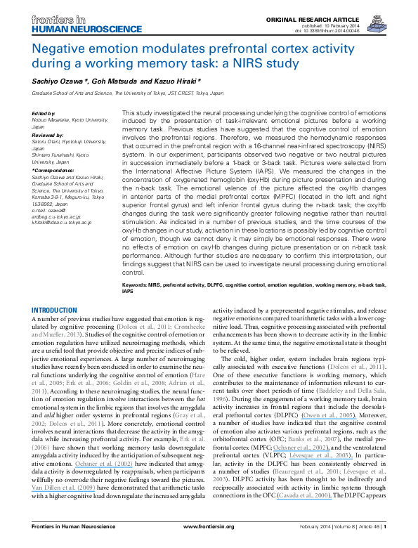 Pdf Negative Emotion Modulates Prefrontal Cortex Activity During A Working Memory Task A Nirs