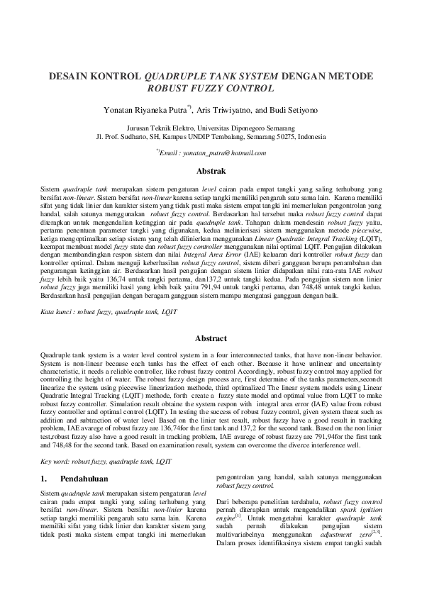 (PDF) Desain Kontrol Quadruple Tank System Dengan Metode Robust Fuzzy ...