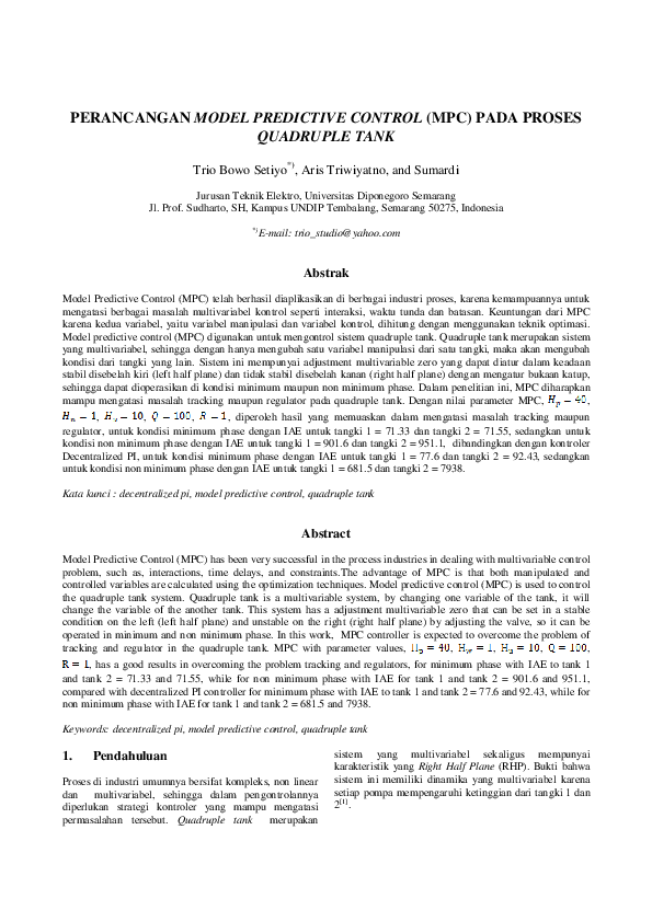 Pdf Perancangan Model Predictive Control Mpc Pada Proses Quadruple Tank