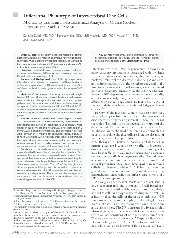 (PDF) Differential Phenotype of Intervertebral Disc Cells