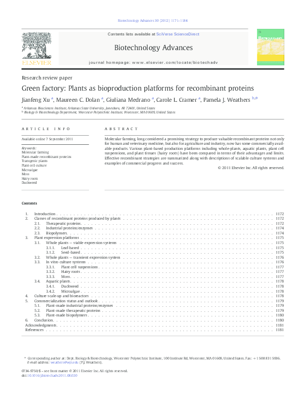 (PDF) Green factory: Plants as bioproduction platforms for recombinant ...